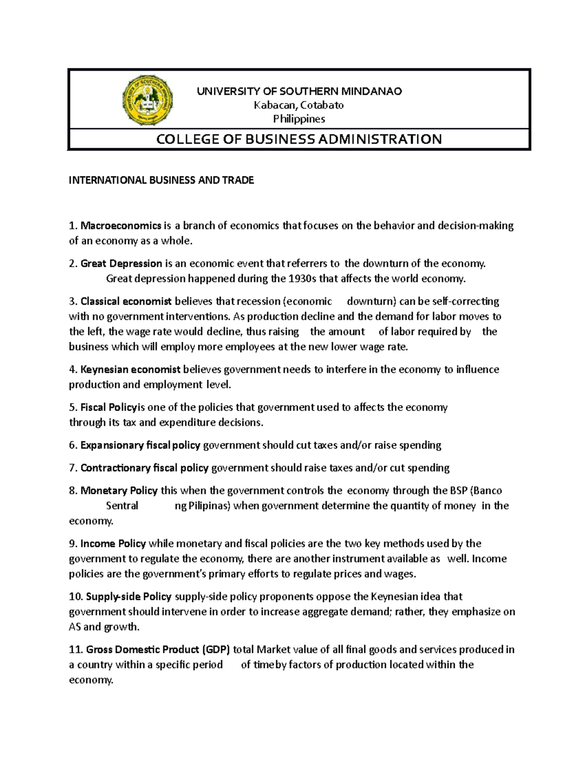 International Business AND Trade - UNIVERSITY OF SOUTHERN MINDANAO ...