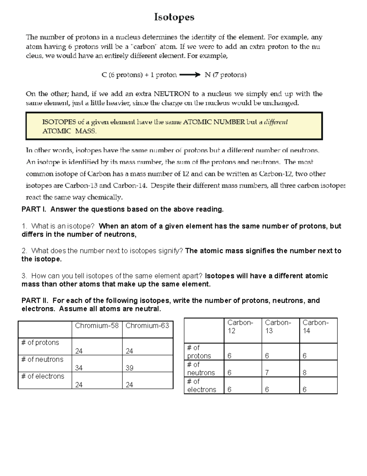 Isotopes answers - yliuytrfghy - PART I. Answer the questions based on ...