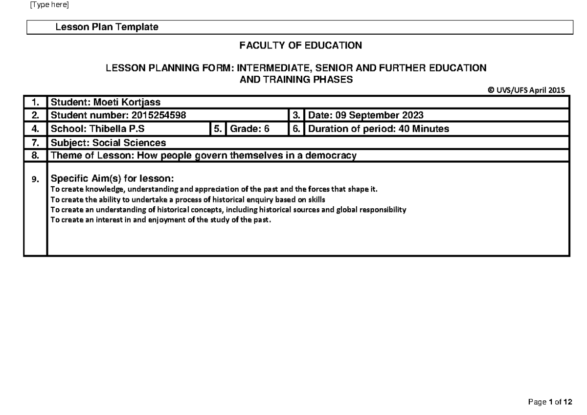 SS Latest Lesson PLAN - Learning materials - Lesson Plan Template ...