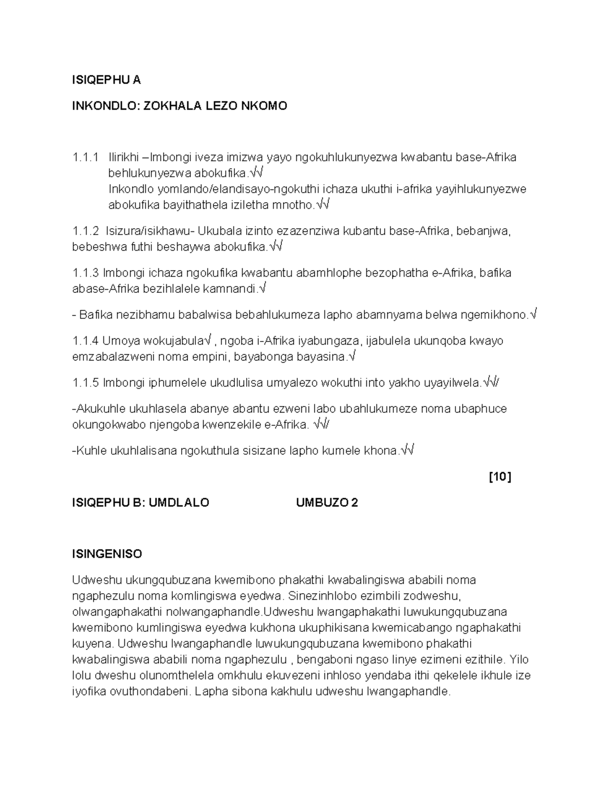 ZULU 10 P2 (2023) September - ISIQEPHU A INKONDLO: ZOKHALA LEZO NKOMO 1 ...