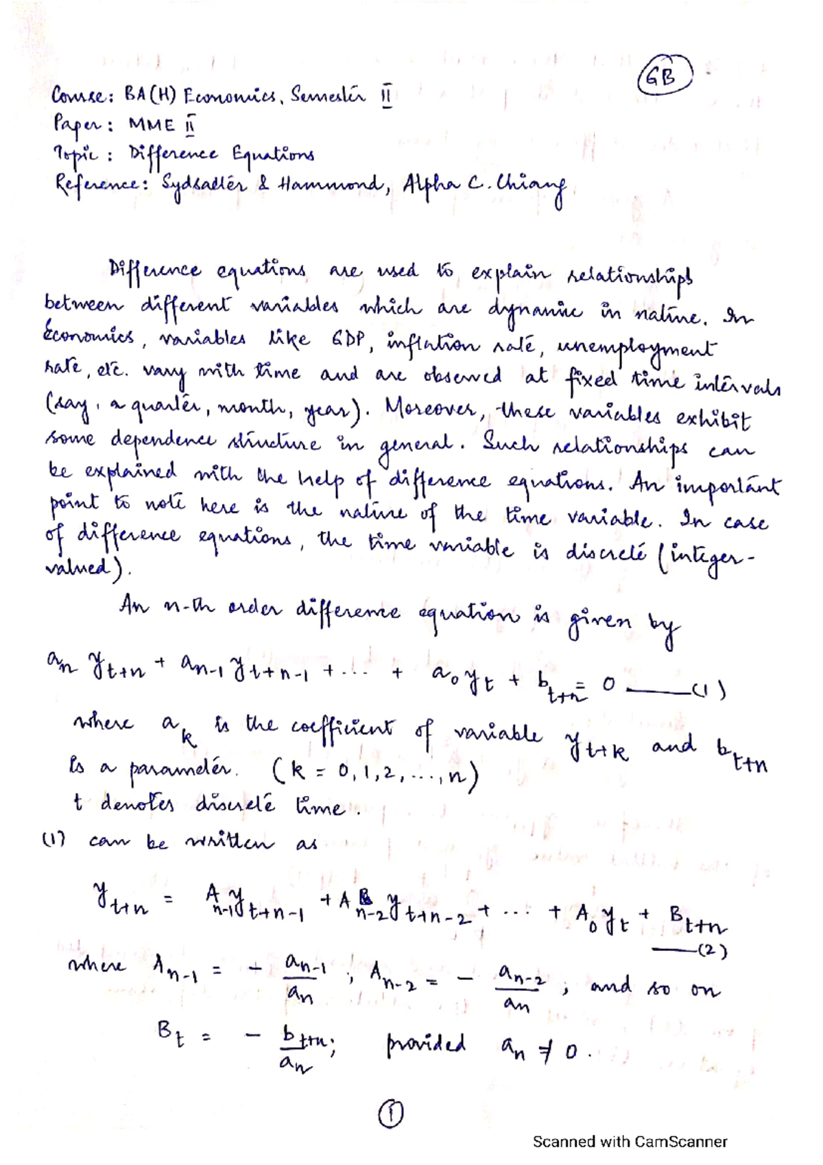 Difference-Equations - Economic Theory - Studocu
