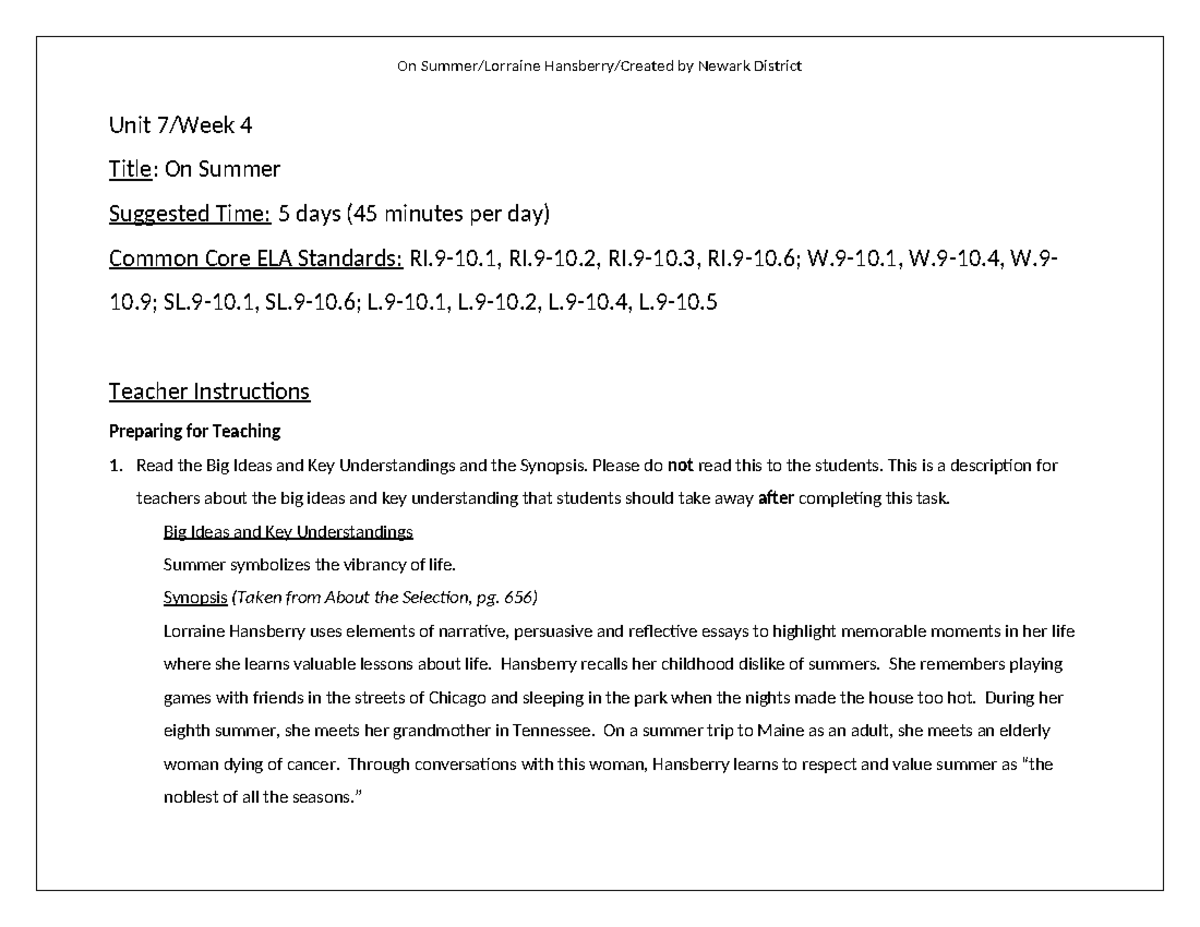10.On Summer.lesson - Anthology - Unit 7/Week 4 Title: On Summer ...
