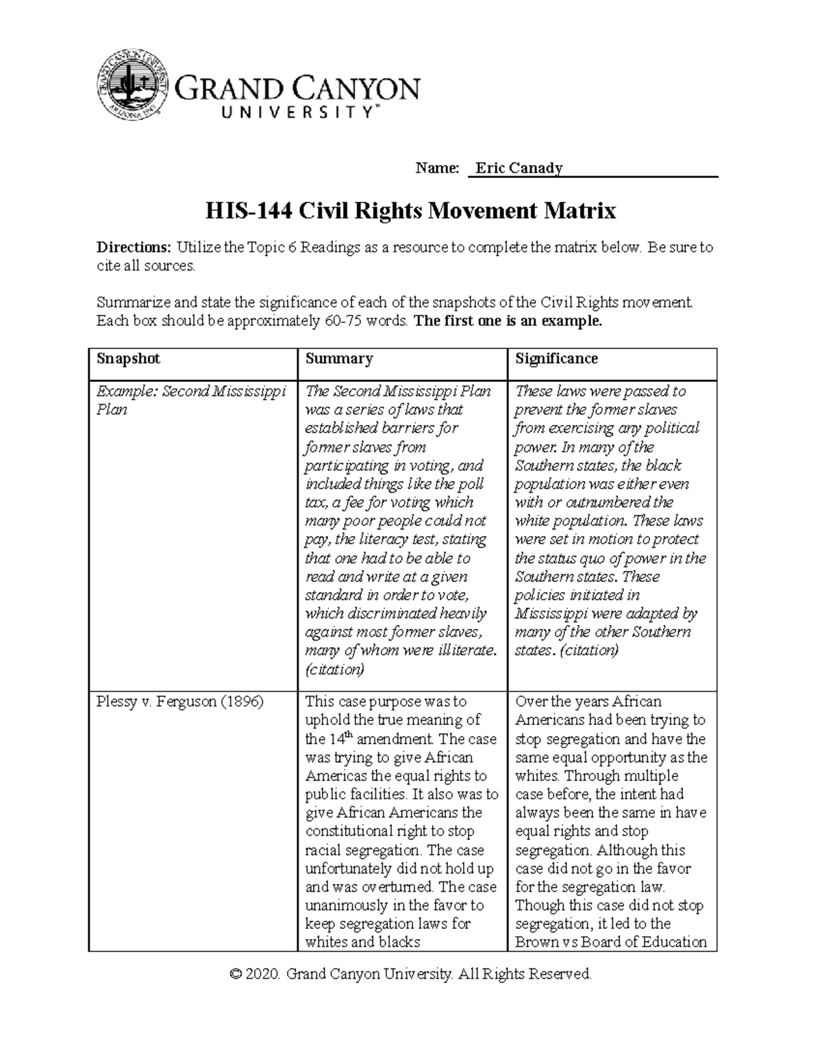 HIS-144-T6 Civil Rights Movement Matrix Online - Name: Eric Canady HIS ...