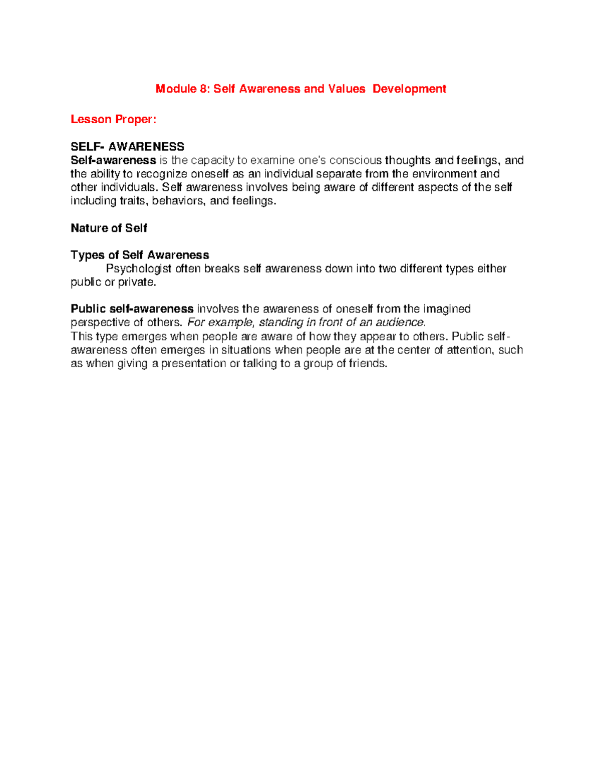 Module 8 - Module 8: Self Awareness and Values Development Module 8 ...