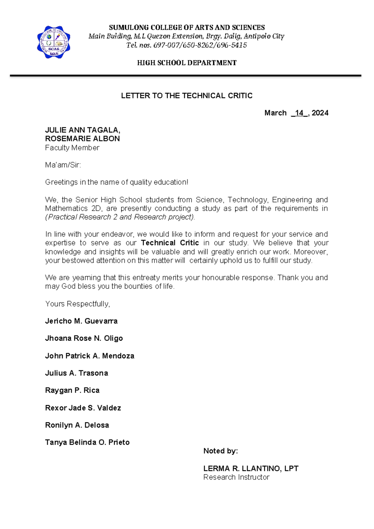 Letter-TO-THE- Critic Template done - SUMULONG COLLEGE OF ARTS AND ...