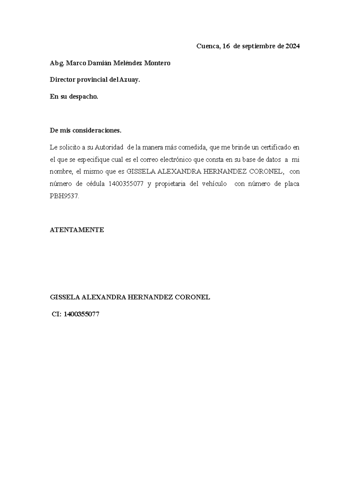 Escrito ANT Correo - SOLICITUD ANT - Cuenca, 16 de septiembre de 2024 ...