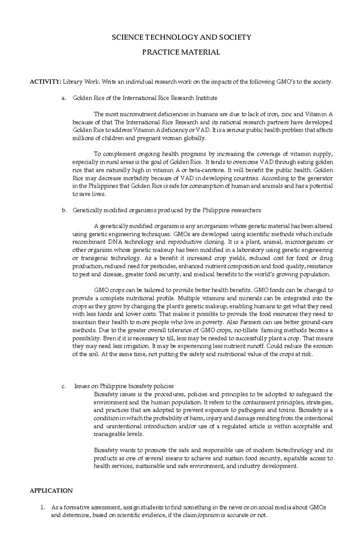 Science Technology AND Society - Activity - SCIENCE TECHNOLOGY AND ...