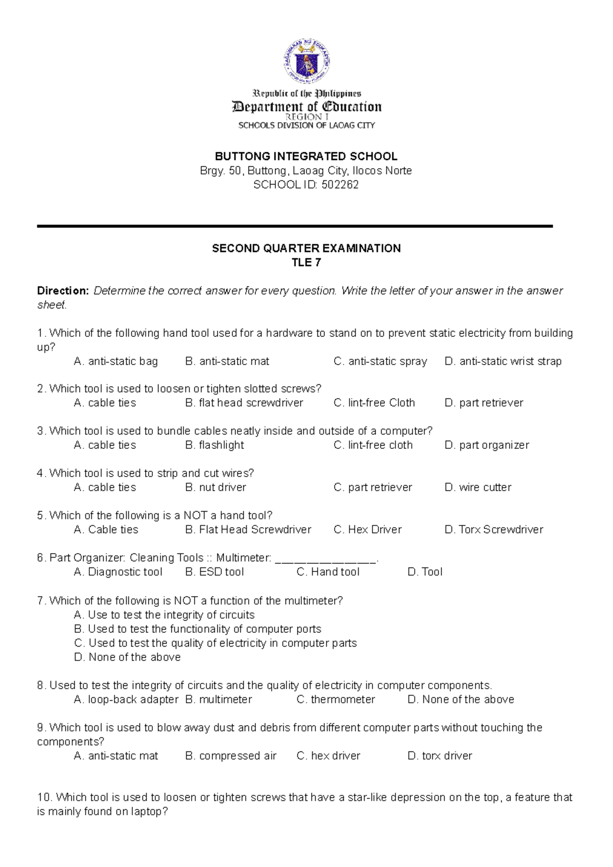 Second Quarter Examination in TLE 7 - BUTTONG INTEGRATED SCHOOL Brgy ...