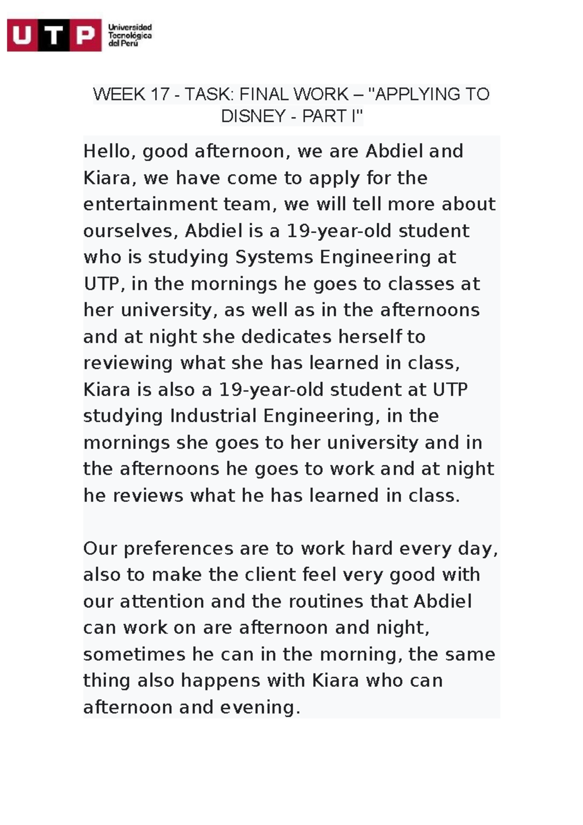 WEEK 17 - uwu - WEEK 17 - TASK: FINAL WORK – "APPLYING TO DISNEY - PART ...