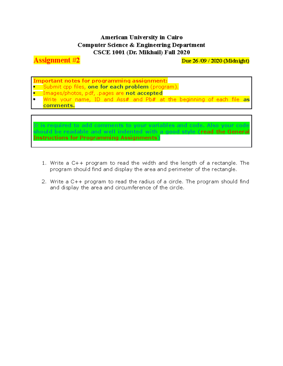 Ass#2 Fall20 - American University in Cairo Computer Science & Engineering Department CSCE 1001 ...