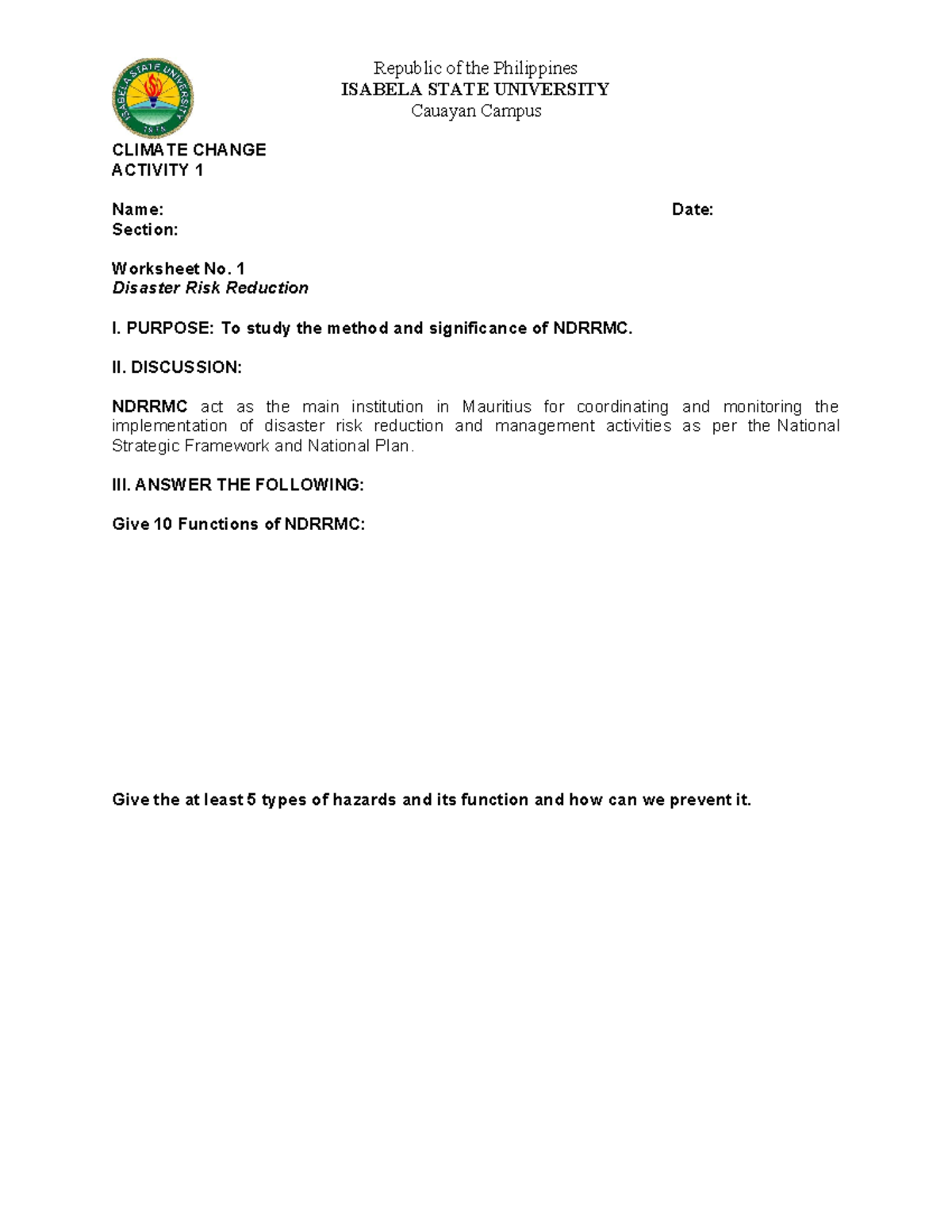 Activity 2 - STS - Republic of the Philippines ISABELA STATE UNIVERSITY Cauayan Campus CLIMATE ...