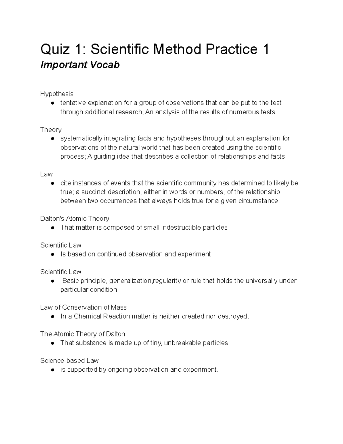Quiz 1 Scientific Method Practice one - Dalton's Atomic Theory That ...
