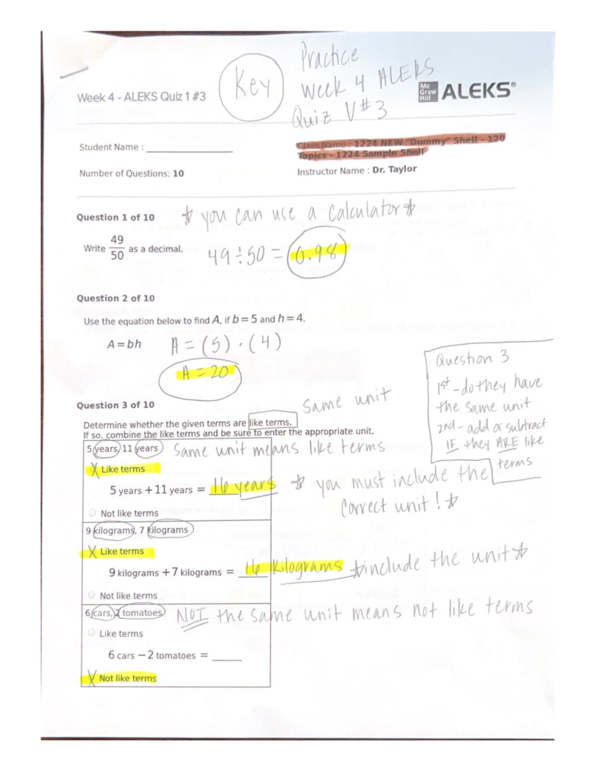 Week 4 Aleks Quiz V3 Practice KEY - Written Solutions - MAT110 - Studocu