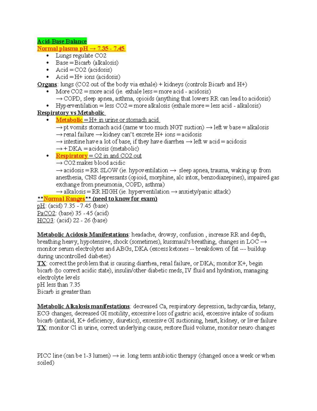 ABG - Important information on ABG - Acid-Base Balance Normal plasma pH → 7 - 7. Lungs regulate ...
