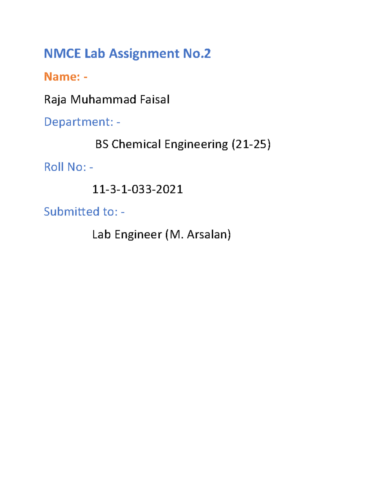 NMCE lab task - NMCE Lab Assignment No. Name: - Raja Muhammad Faisal ...