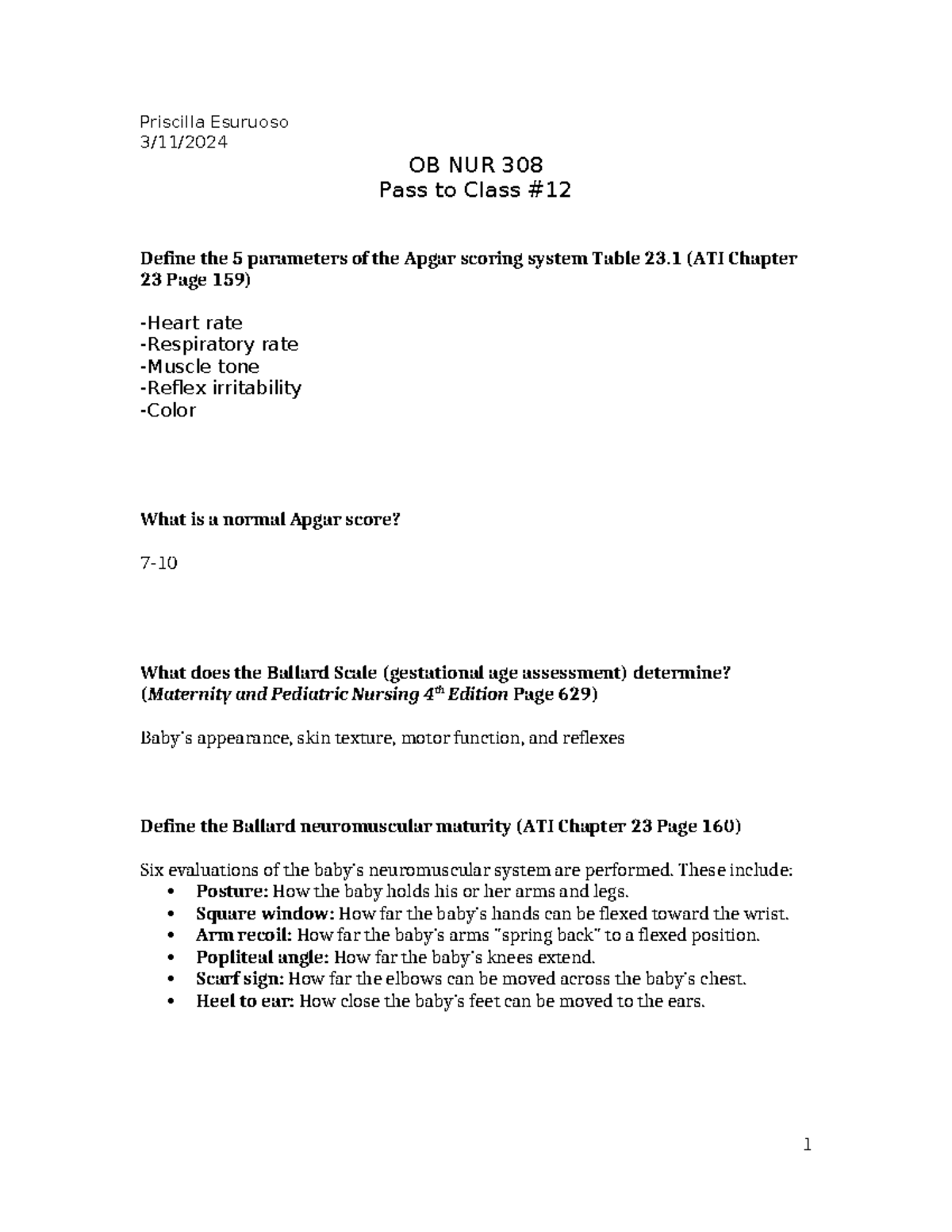 Pass to Class #12 Completed - Priscilla Esuruoso 3/11/ OB NUR 308 Pass ...