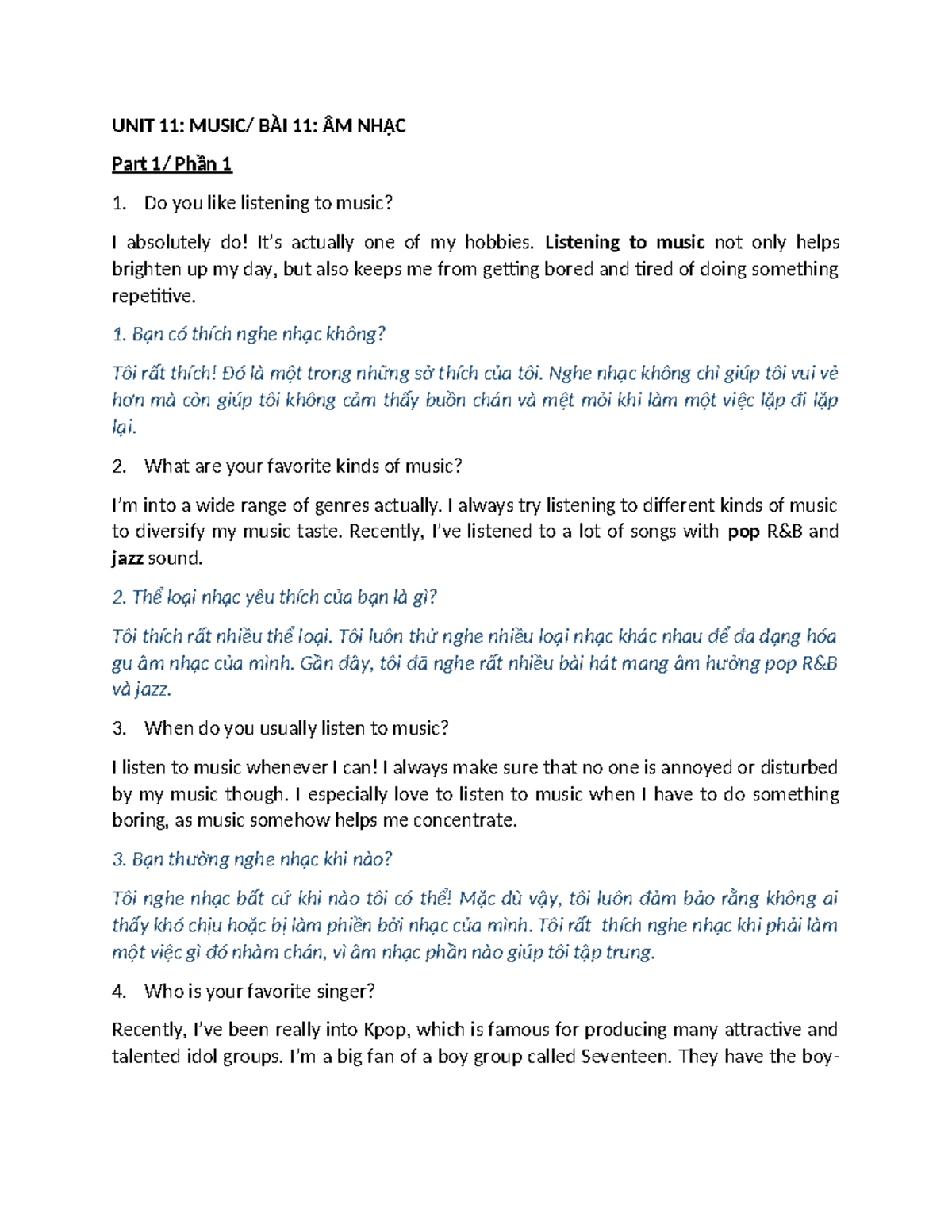 Music - Sample answer - s gh h - UNIT 11: MUSIC/ BÀI 11: ÂM NHẠC Part 1 ...
