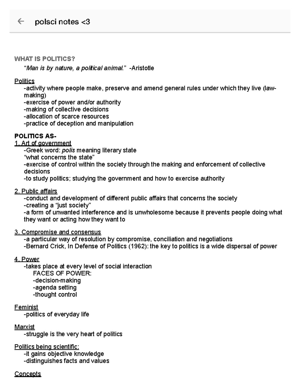 Polsci-notes-3 - Notes - WHAT IS POLITICS? “Man is by nature, a ...