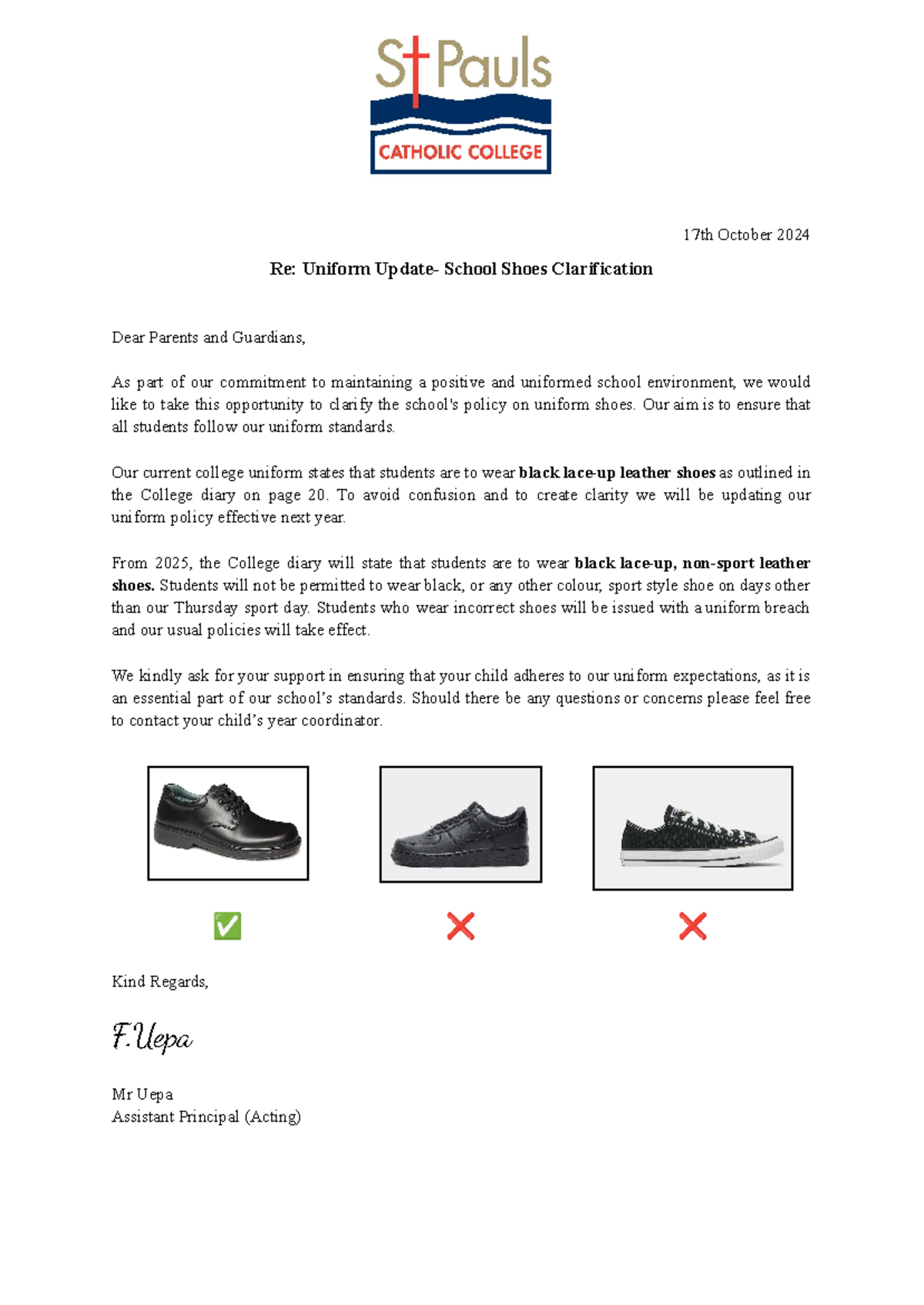 Uniform Letter Shoes in 2025 - 17th October 2024 Re: Uniform Update ...