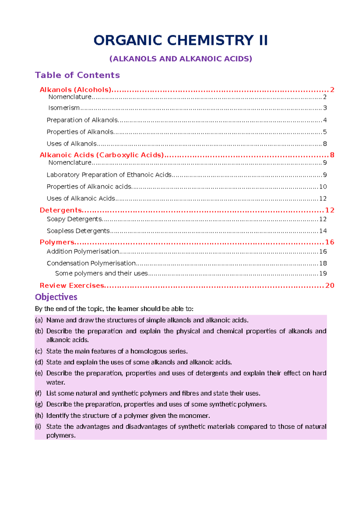 4.6 Organic Chemistry 2 - ORGANIC CHEMISTRY II (ALKANOLS AND ALKANOIC ...