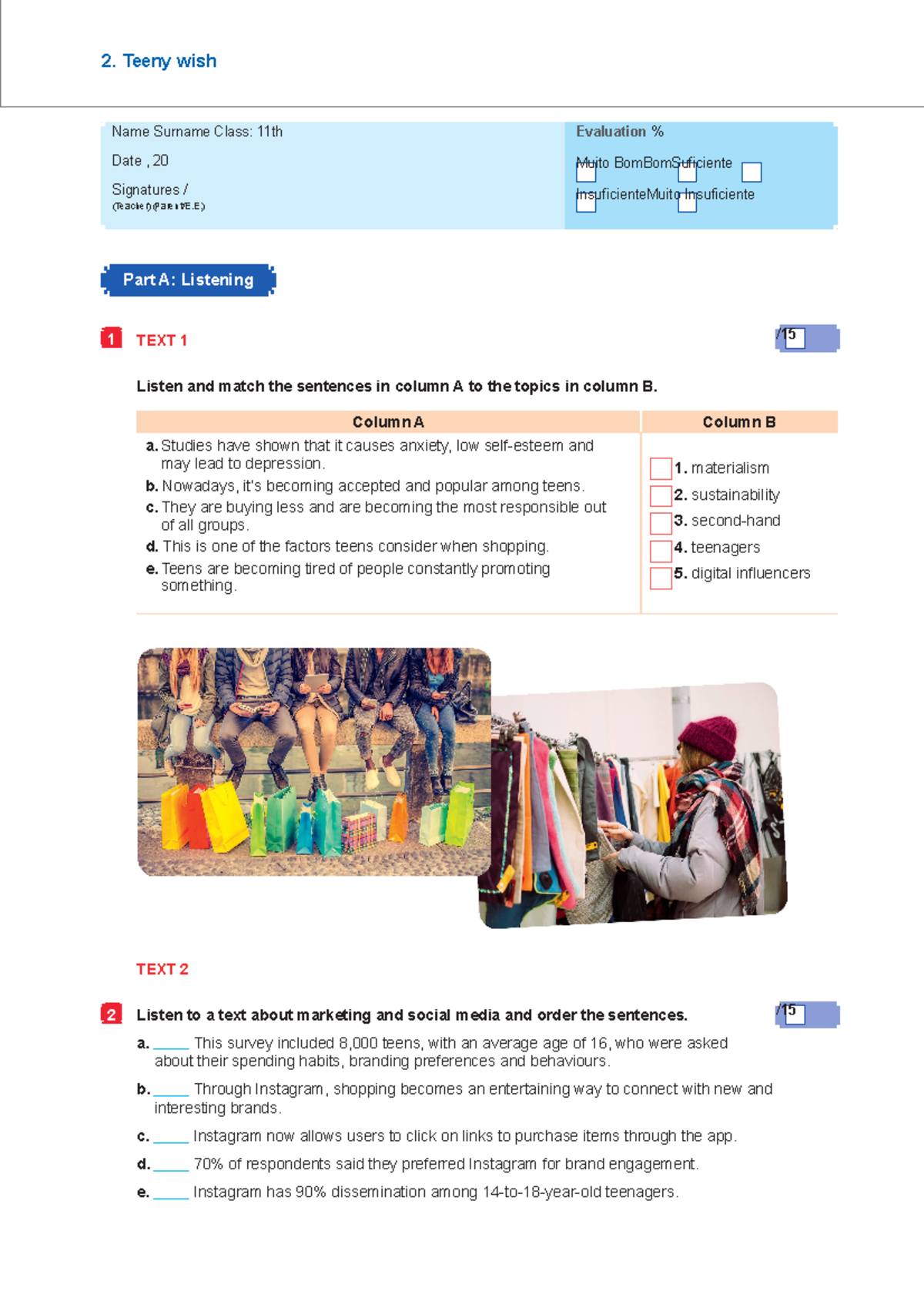 Enga11 unit1 test 2a - practice - TEXT 1 Listen and match the sentences ...