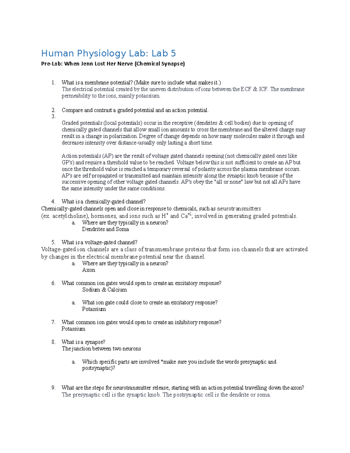 Week 5 Prelab Chemical Synaps - Human Physiology Lab: Lab 5 Pre-Lab ...