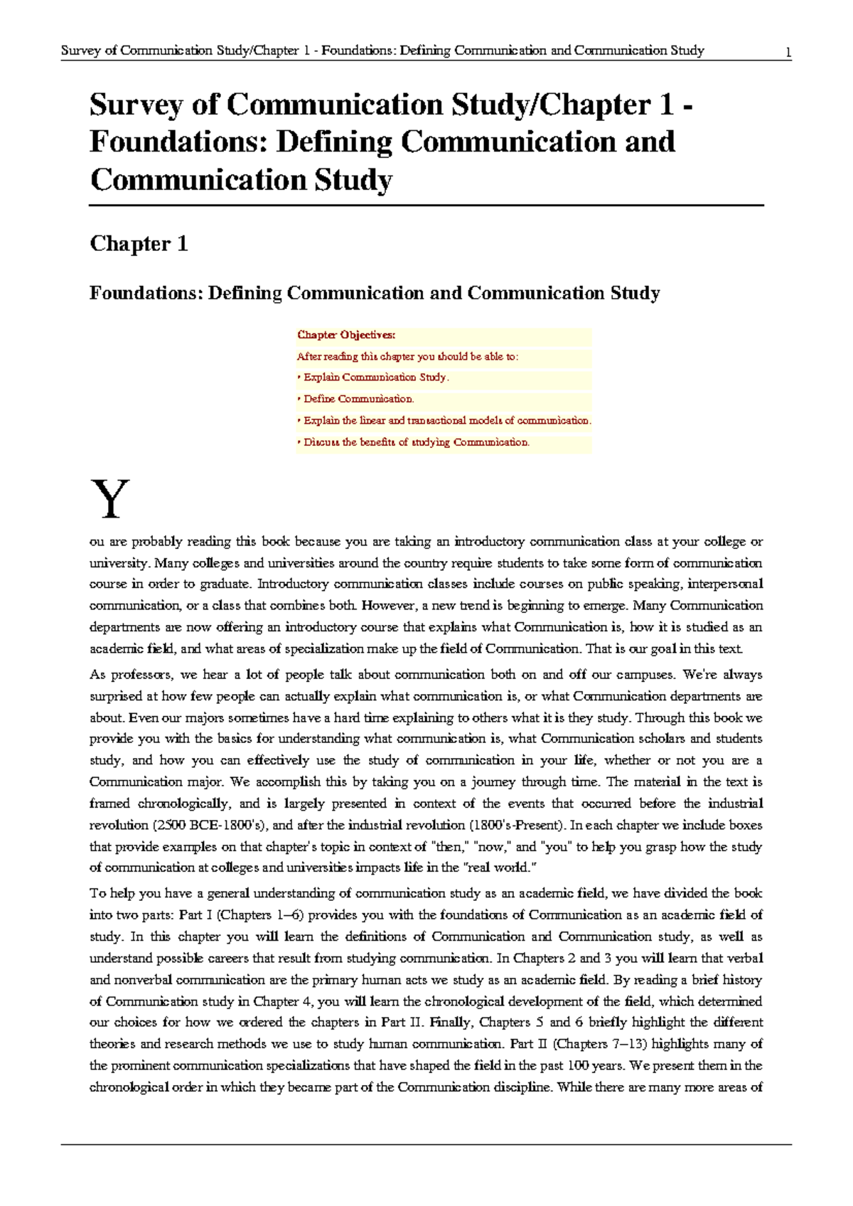 Week one reading Comm 101 - Survey of Communication Study/Chapter 1 ...