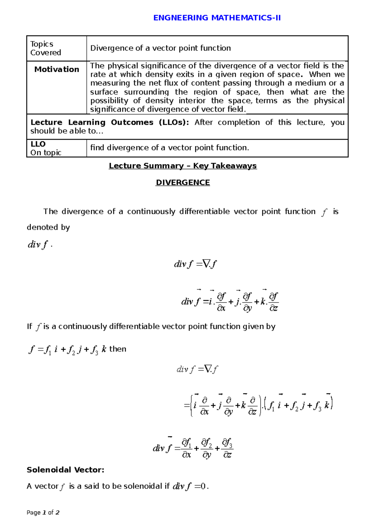 Divergence of a vector point function - ENGNEERING MATHEMATICS-II Topics Covered Divergence of a ...