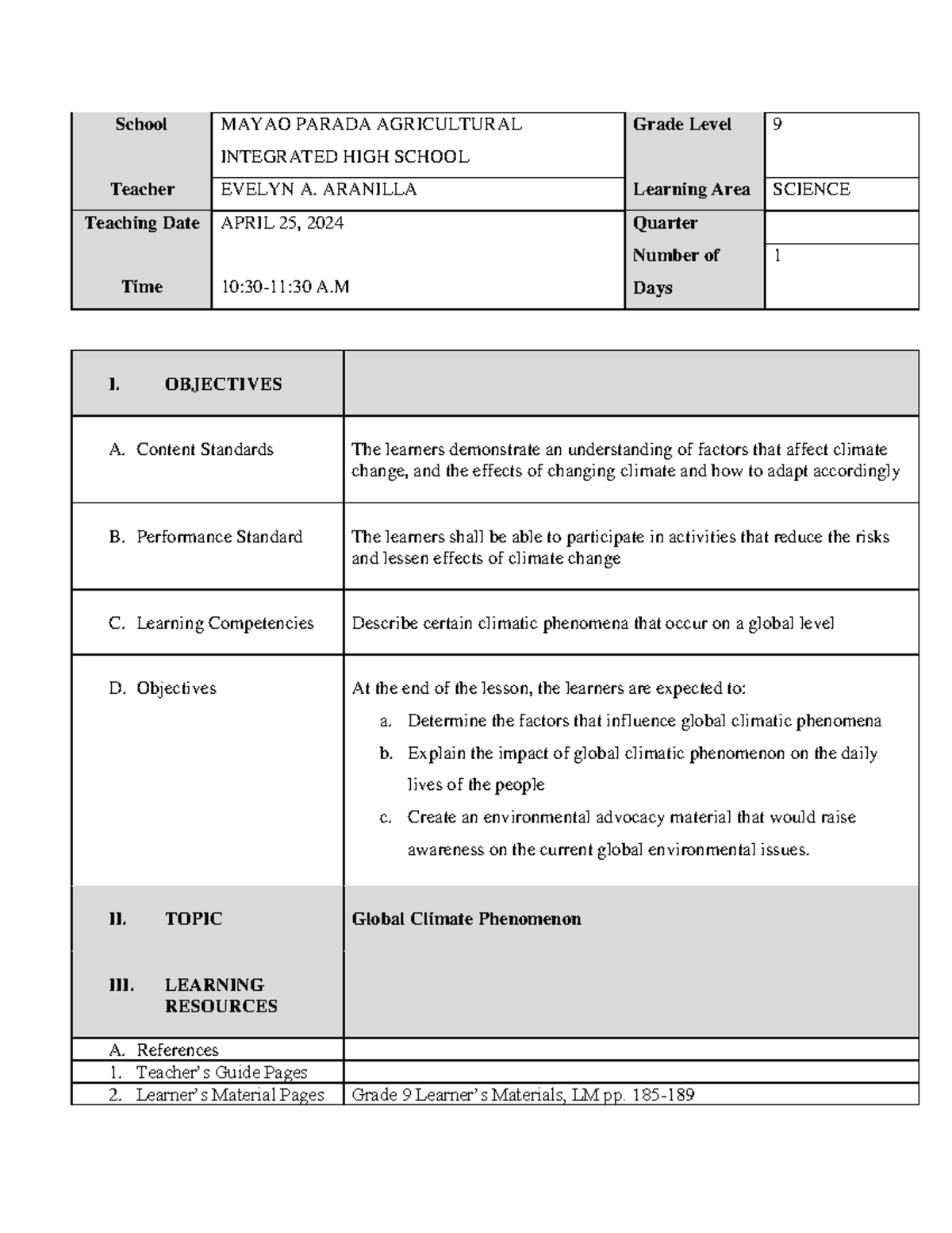 Demo Lesson Plan - School MAYAO PARADA AGRICULTURAL INTEGRATED HIGH ...