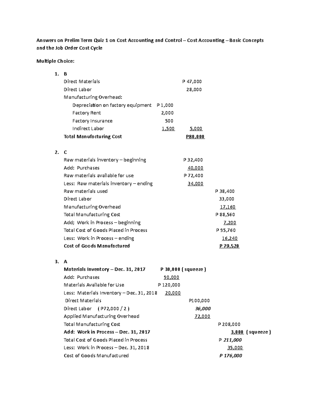 Answers On Prelim Term Quiz 1 On Cost Accounting And Control Cost