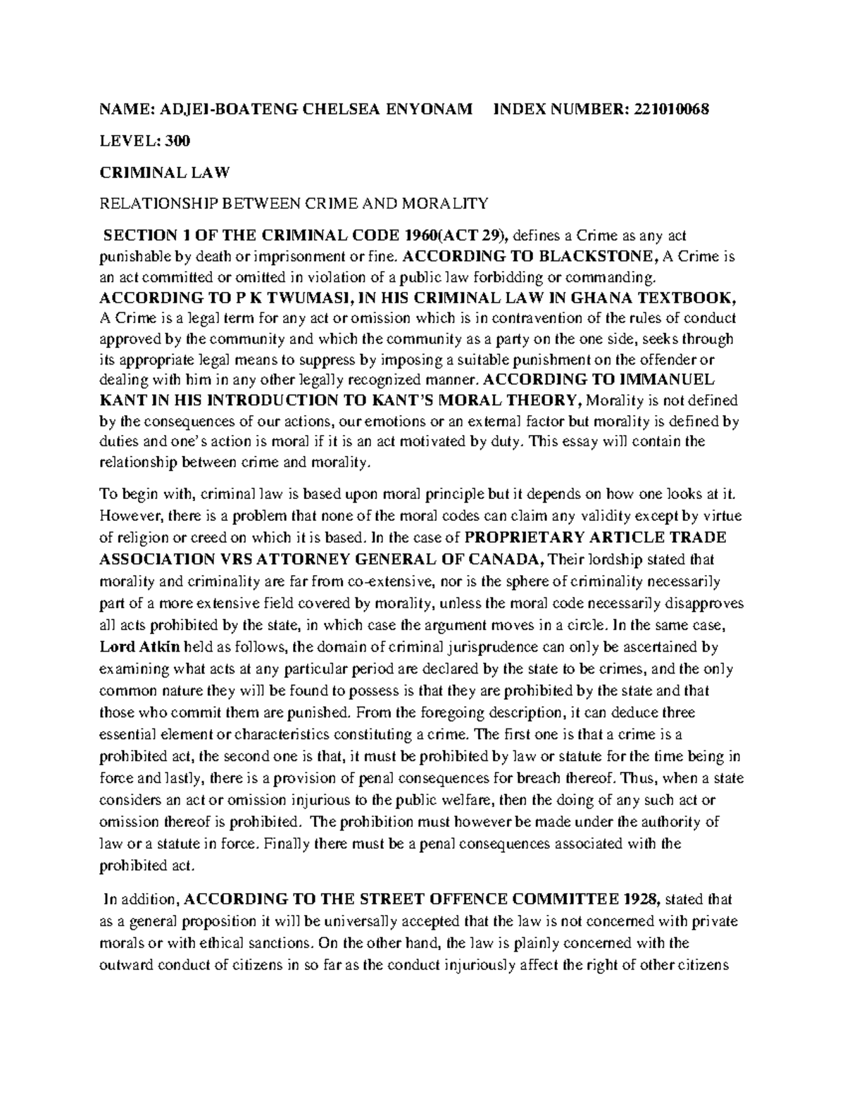 Criminal law assignment 2 - NAME: ADJEI-BOATENG CHELSEA ENYONAM INDEX ...