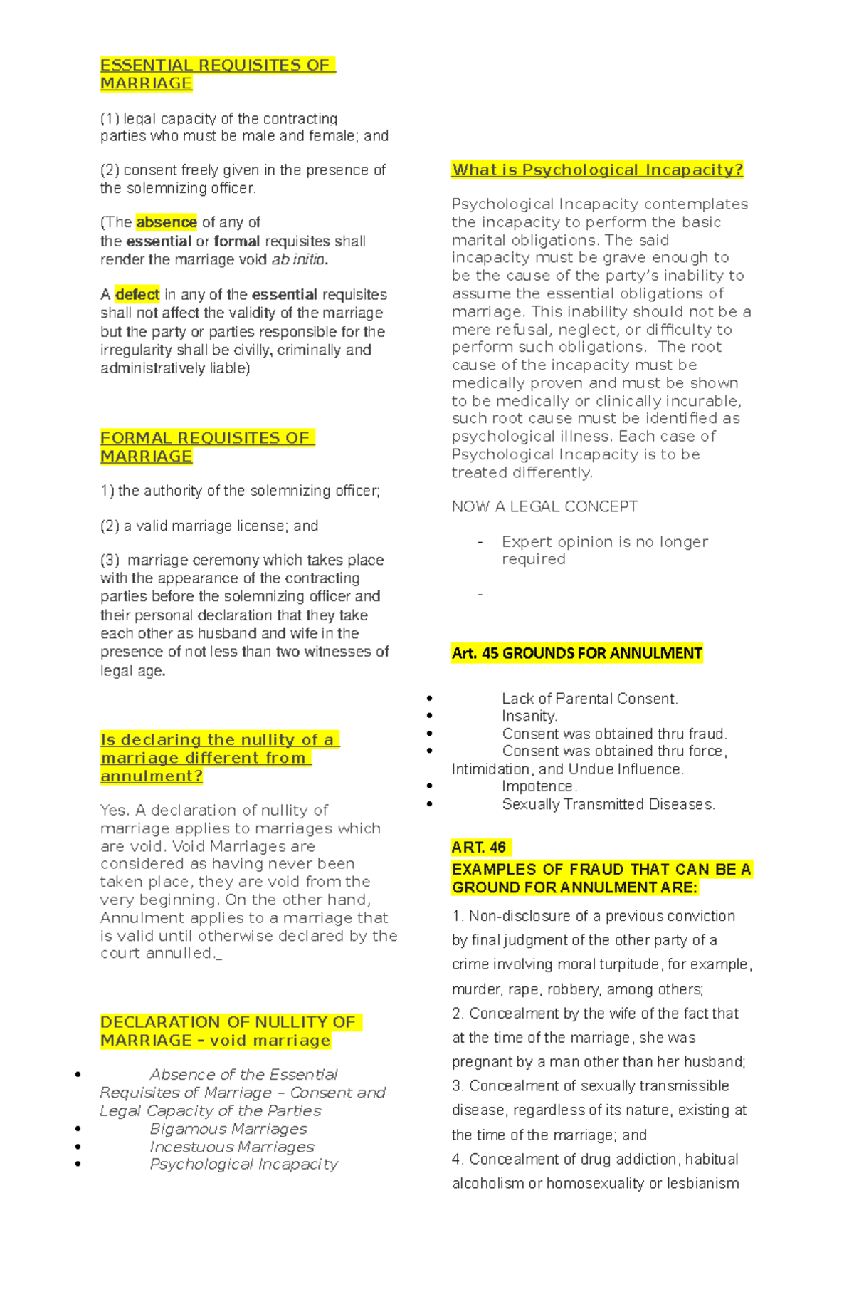 Requisites of Marriage, Grounds for Annulment, Legal Separation, etc ...