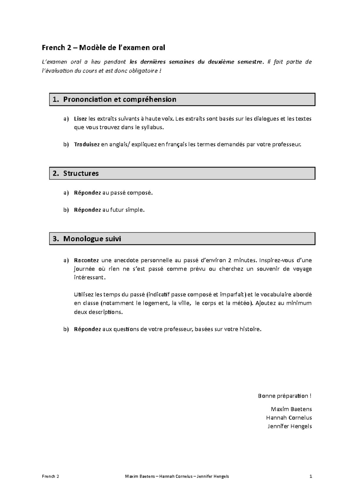2024 - French 2 - Modèle de l'examen oral - French 2 Maxim Baetens ...