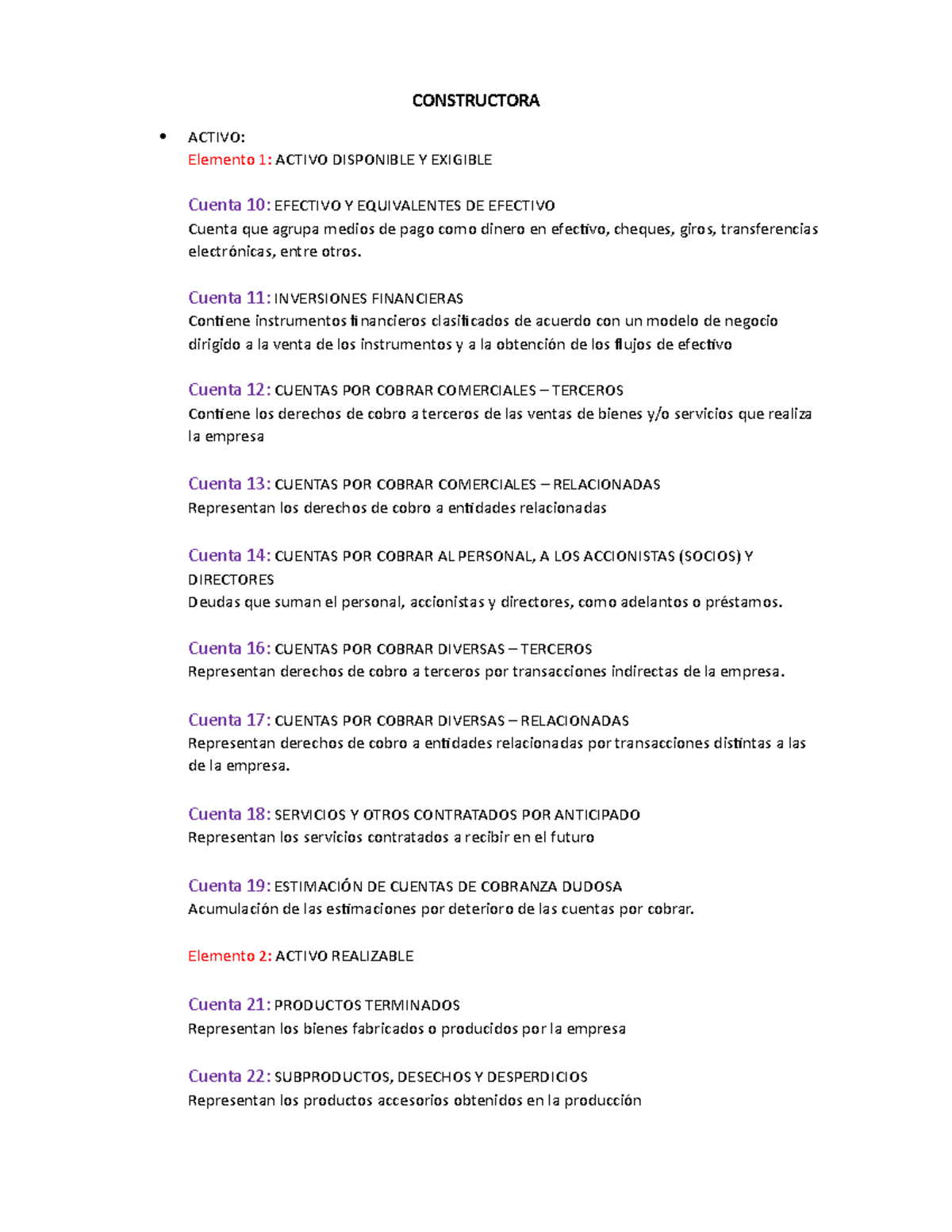 Plan contable de una Constructora - CONSTRUCTORA ACTIVO: Elemento 1 ...