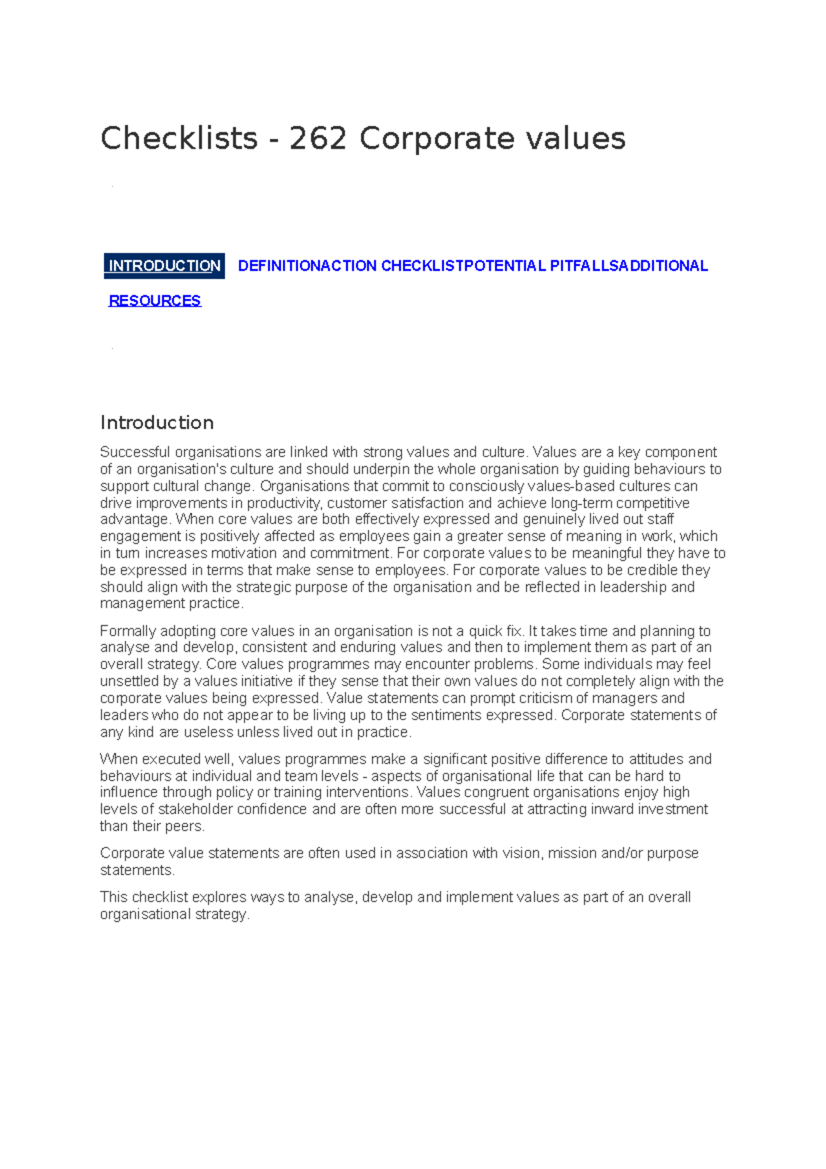 701 Key Resource - 262 Corporate values - Checklists - 262 Corporate ...