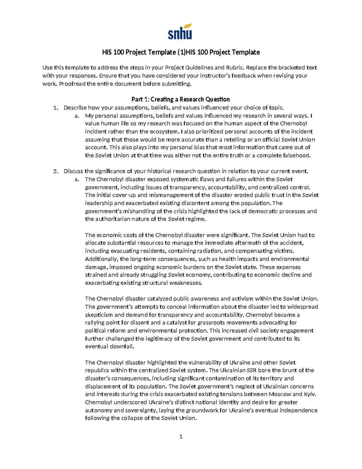 HIS 100 Project Nicole - Final Paper on Chernobyl - HIS 100 Project ...