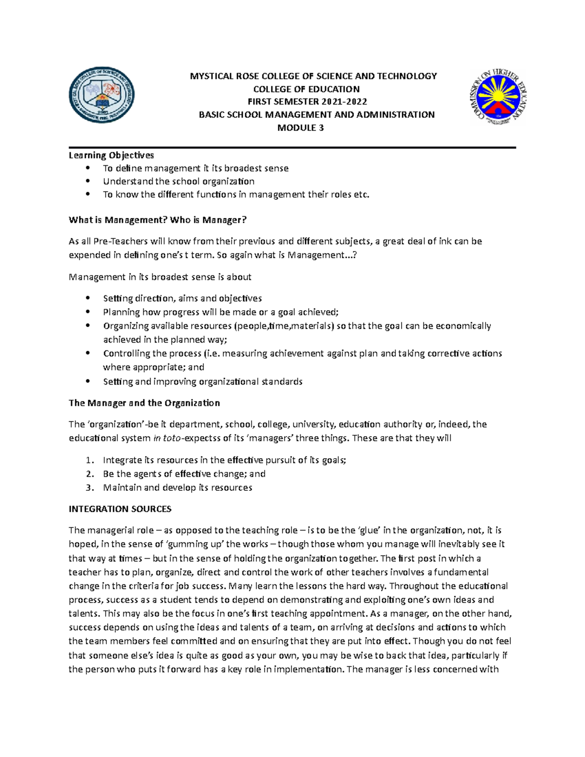 Module 3-Basic School Management and Administration - MYSTICAL ROSE COLLEGE OF SCIENCE AND - Studocu