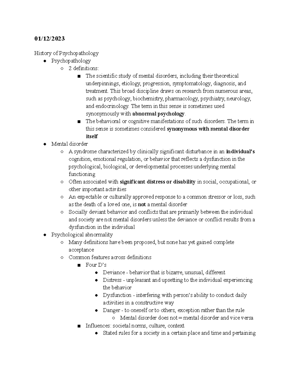 Unit 1 - Lecture notes for Unit 1 - 01/12/ History of Psychopathology ...