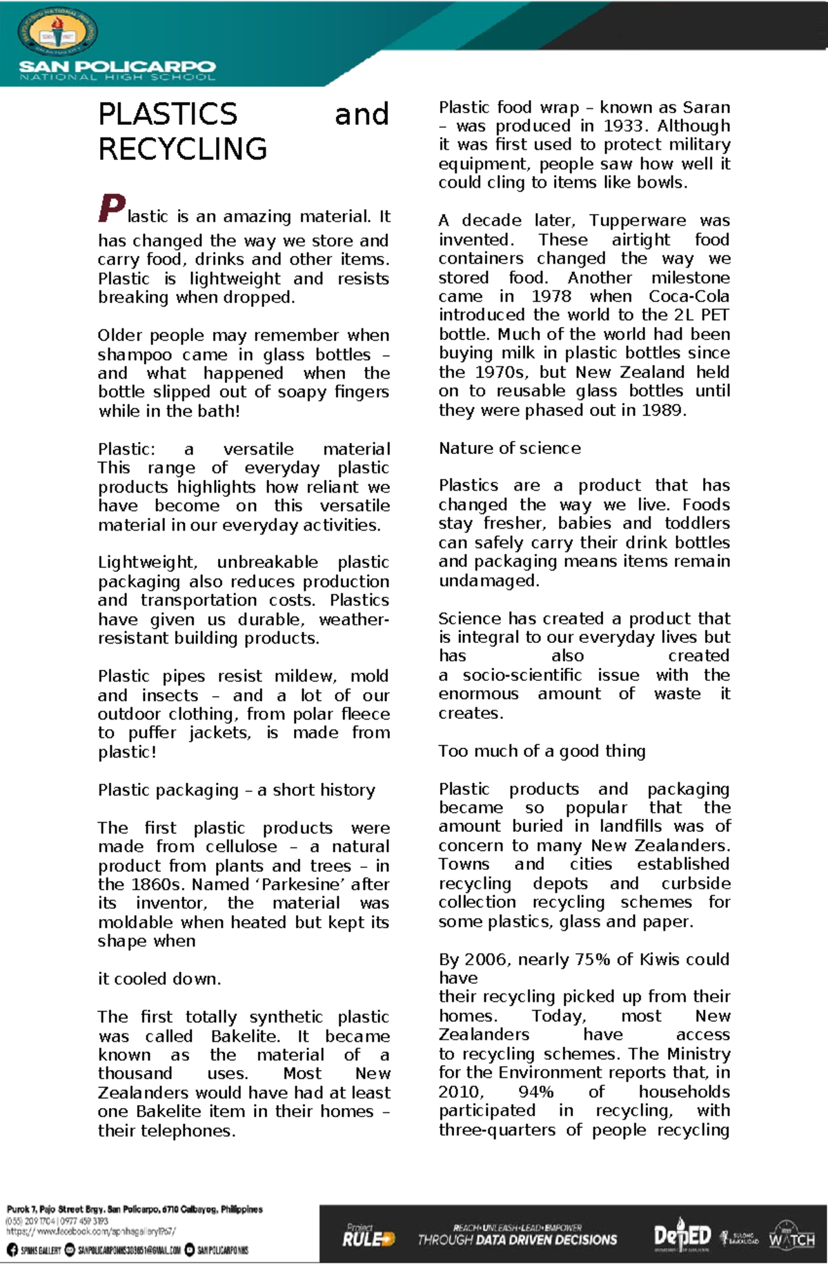 Plastics and Recycling Reading Material March 8 2024 - PLASTICS and ...