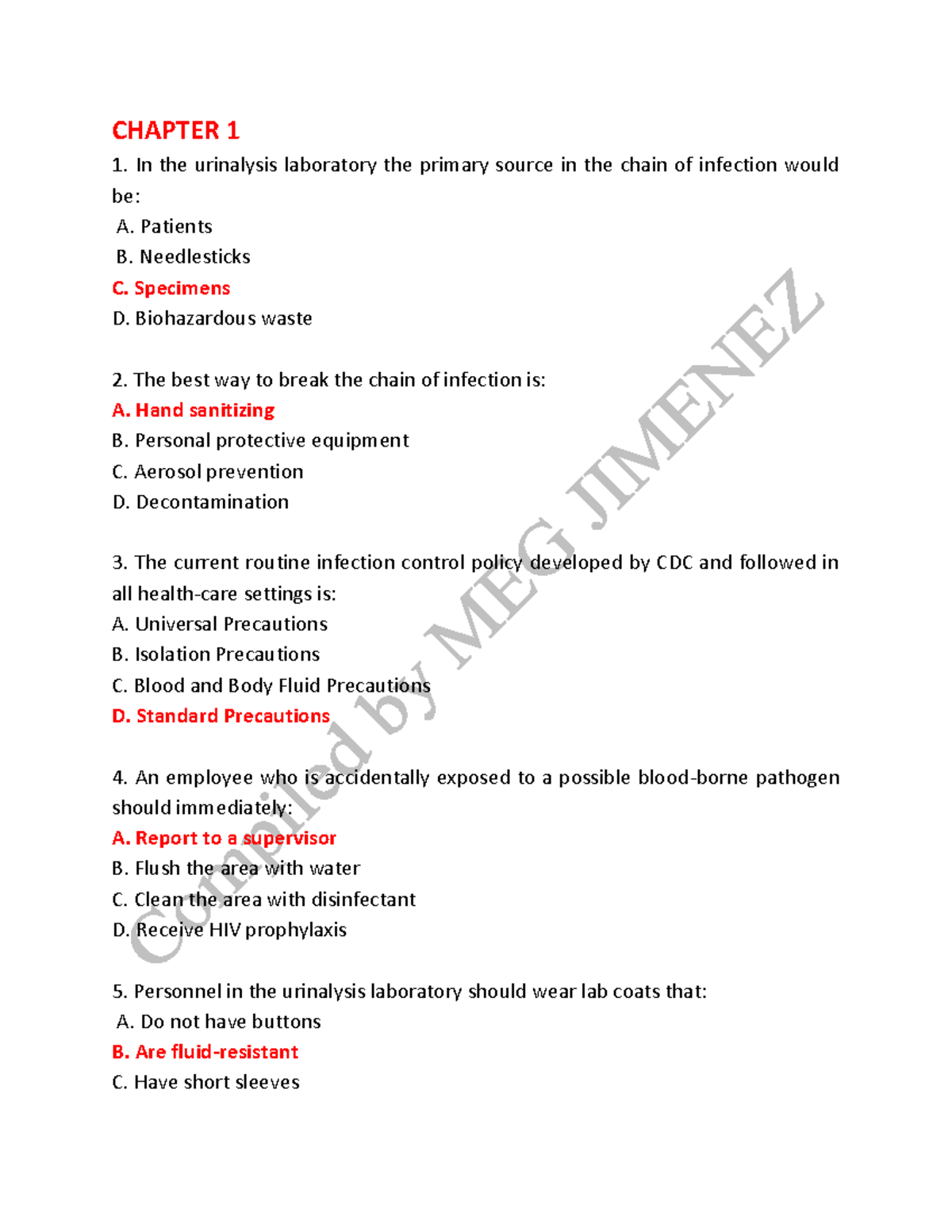 AUBF Review Questions - CHAPTER 1 In the urinalysis laboratory the ...