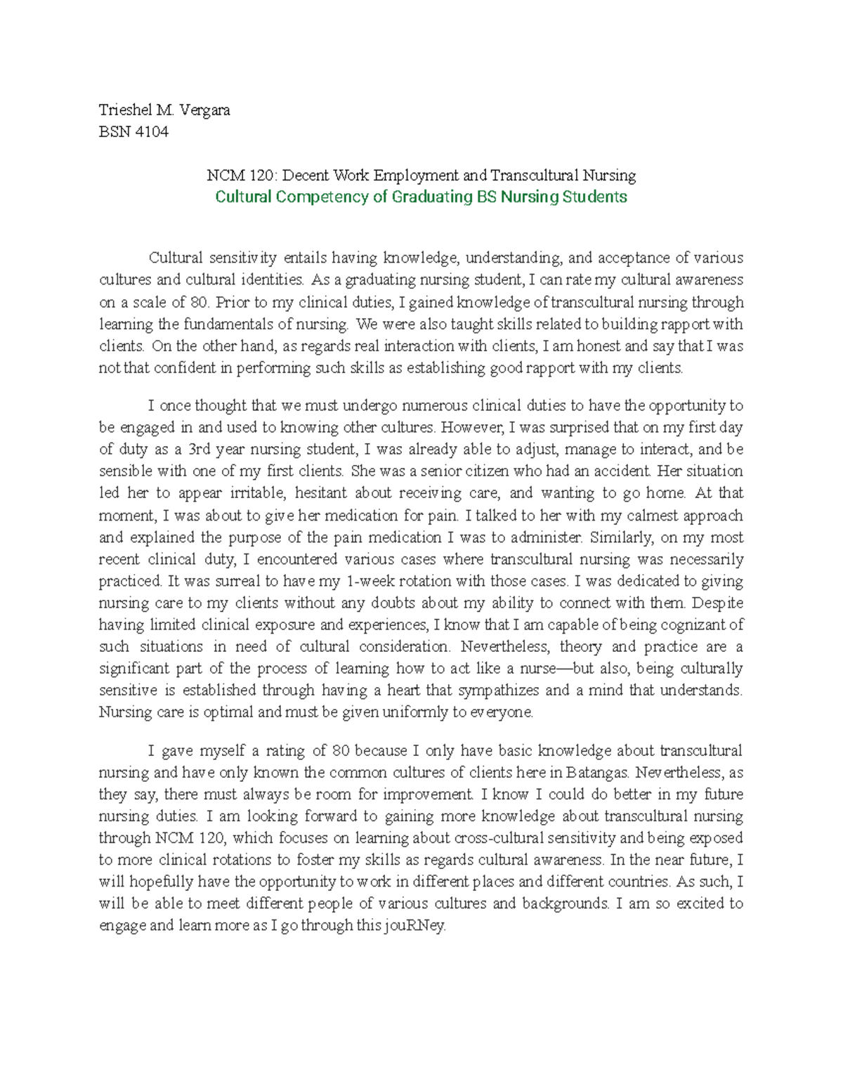 NCM 120 Reflection - Trieshel M. Vergara BSN 4104 NCM 120: Decent Work ...