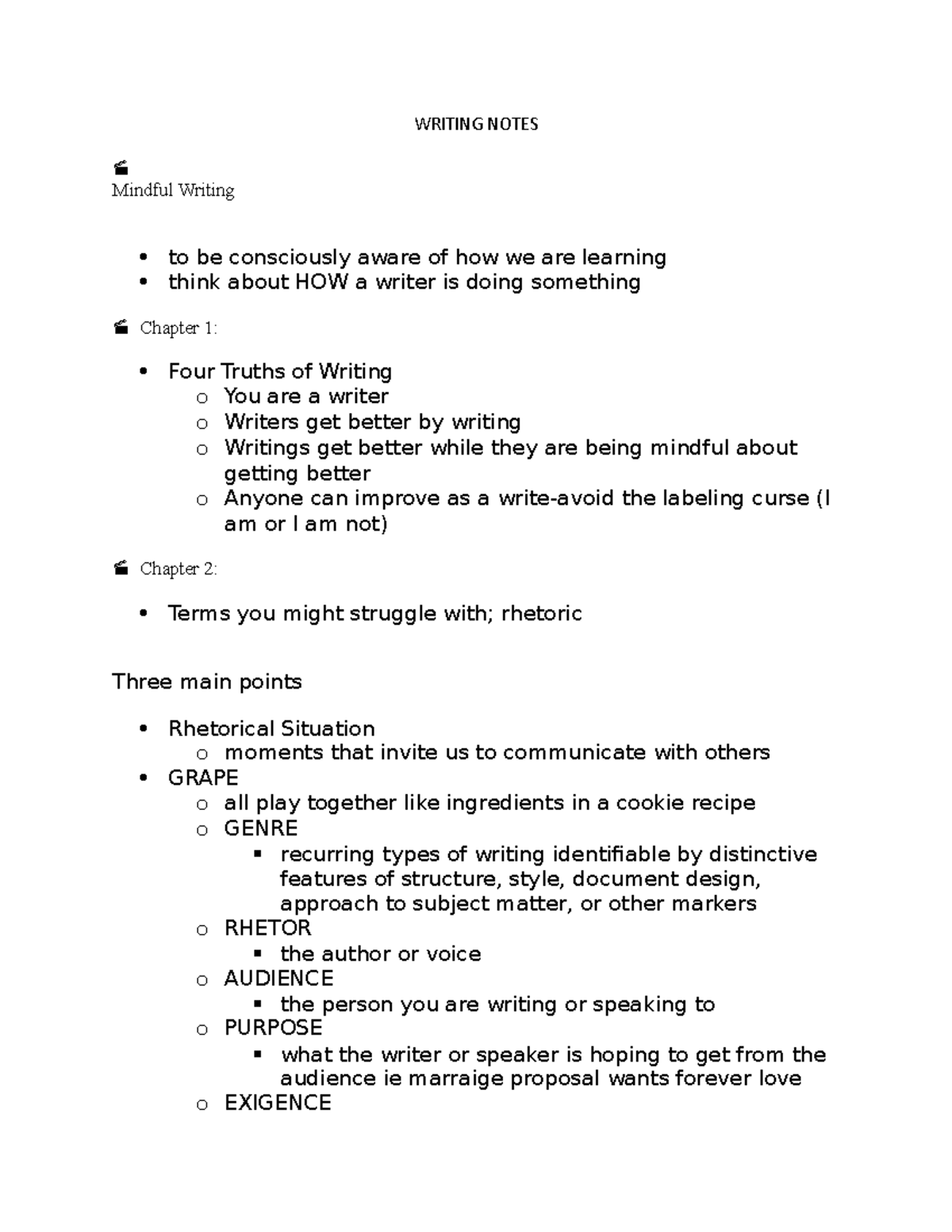 Writing Notes - WRITING NOTES Mindful Writing to be consciously aware ...