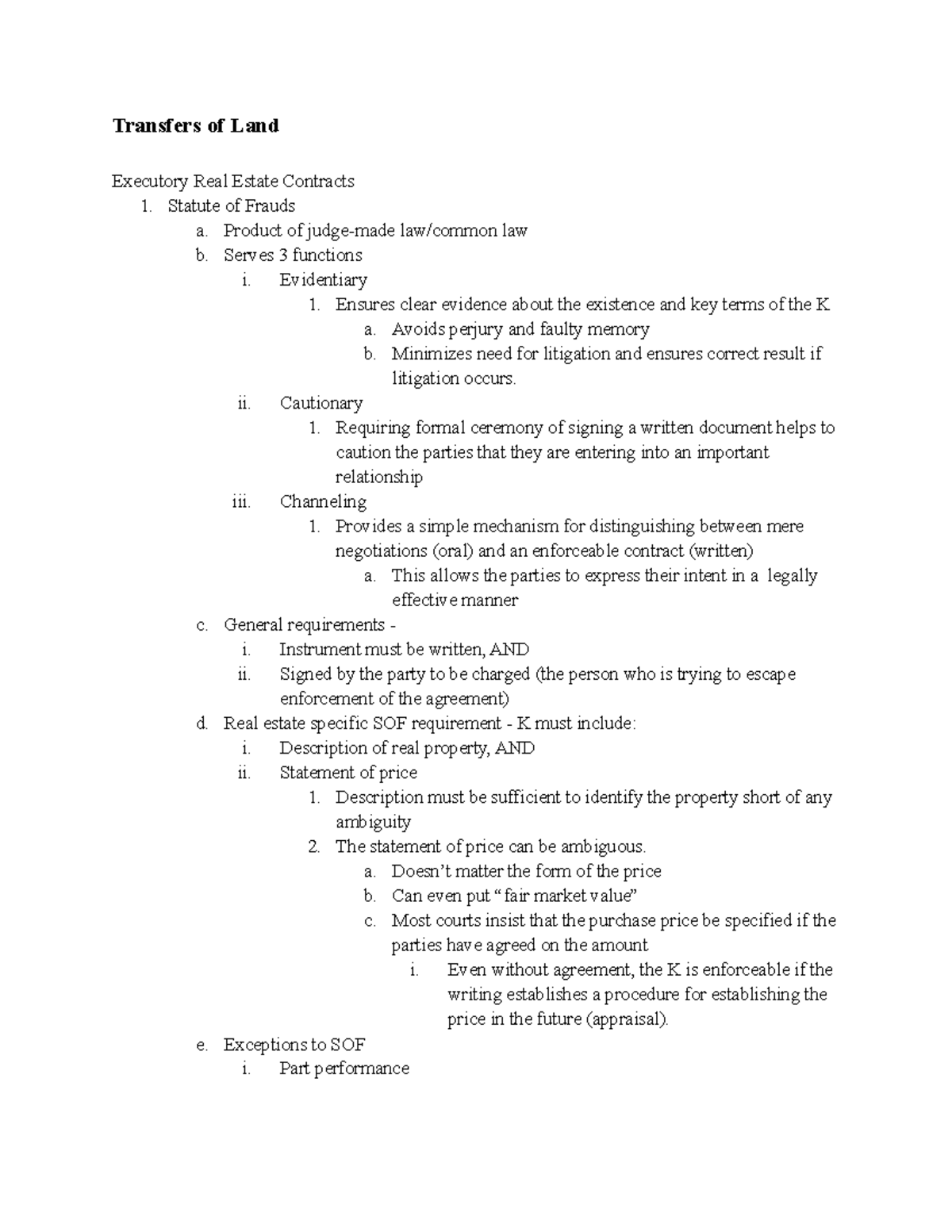 Transfers of Land - Land outline - Transfers of Land Executory Real ...