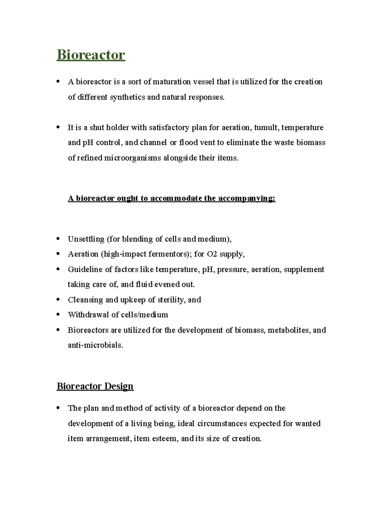 Bioreactor - USEFUL LECTURE NOTES - Bioreactor A bioreactor is a sort ...