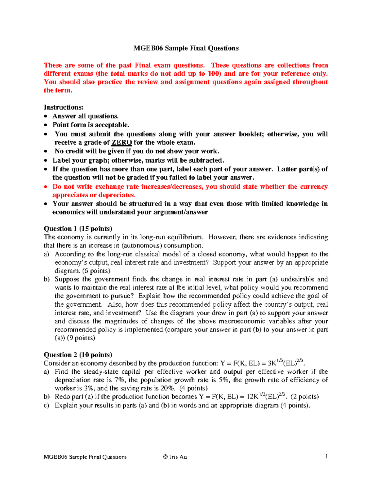 Final, questions - MGEB06 Sample Final Questions These are some of the ...