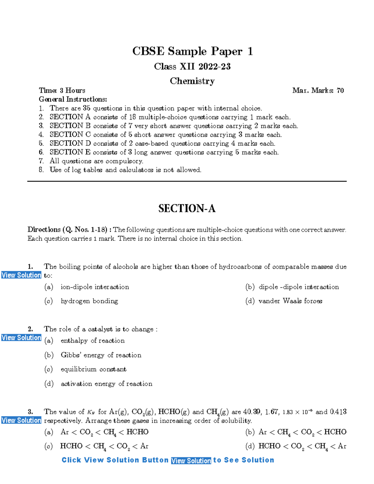 Cblechpl 01 - CBSE Chemistry Class 12 Sample Paper 1 Page 1 CBSE Sample ...