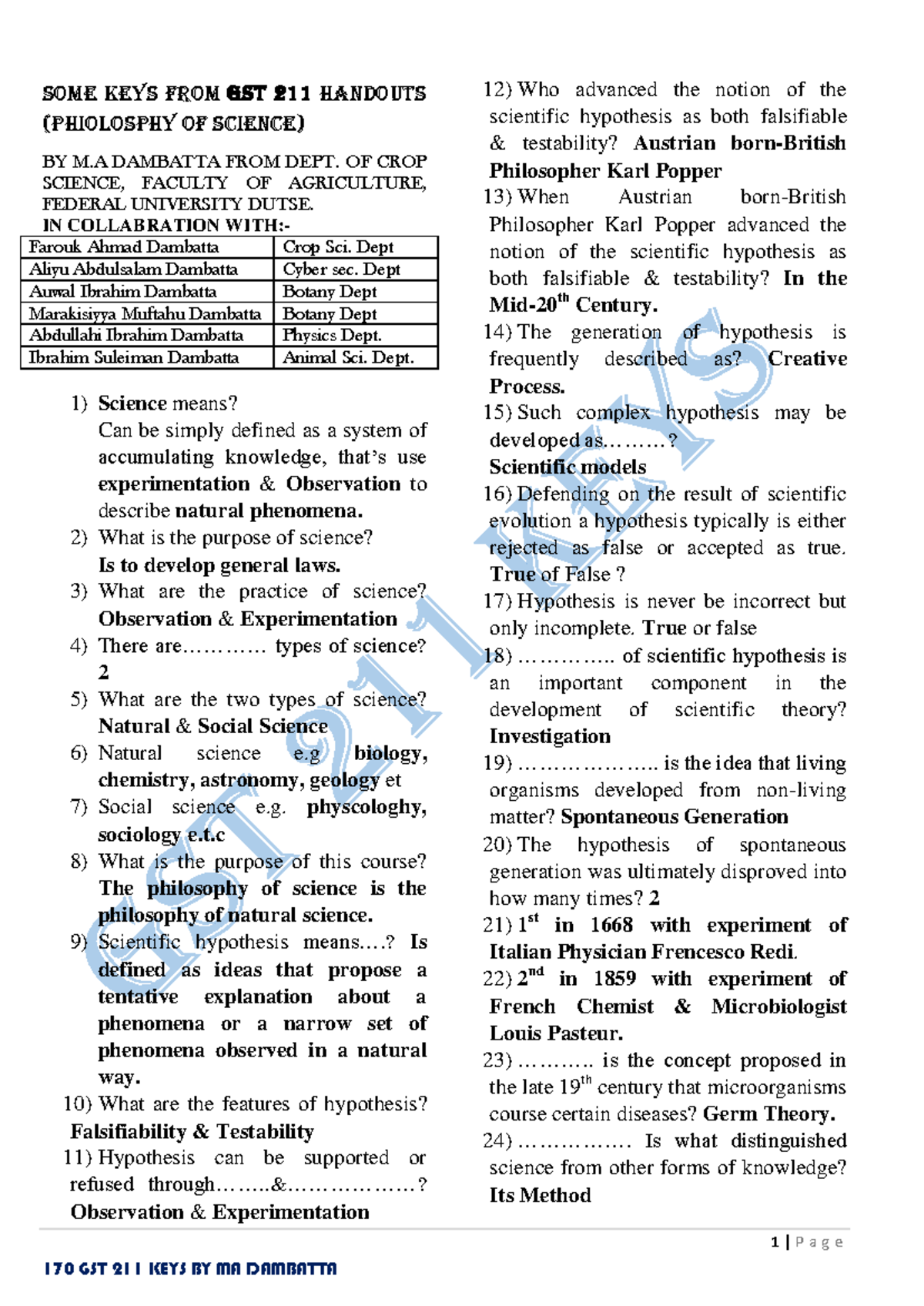 170 GST 211 KEYS BY M - dambatta - 1 | P a g e SOME KEYS FROM GST 211 ...