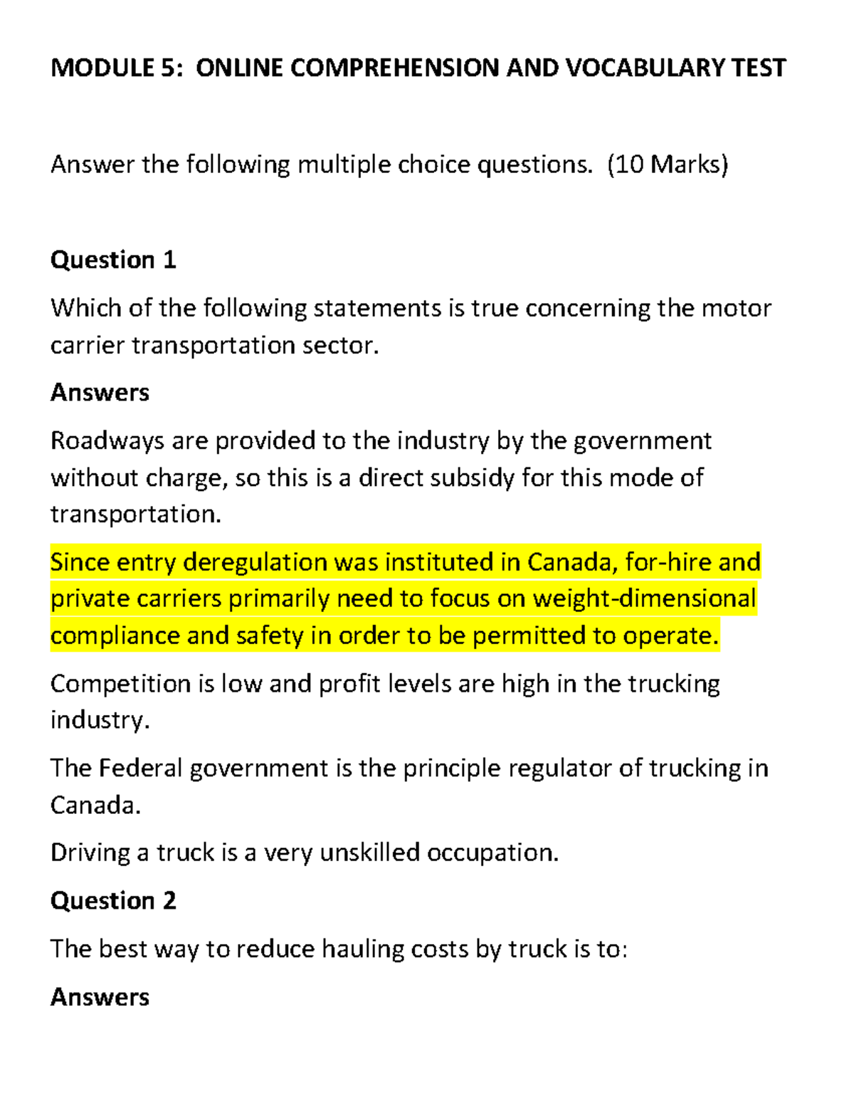Module 5 Online Comprehension and Vocabulary Test Model Answers ...
