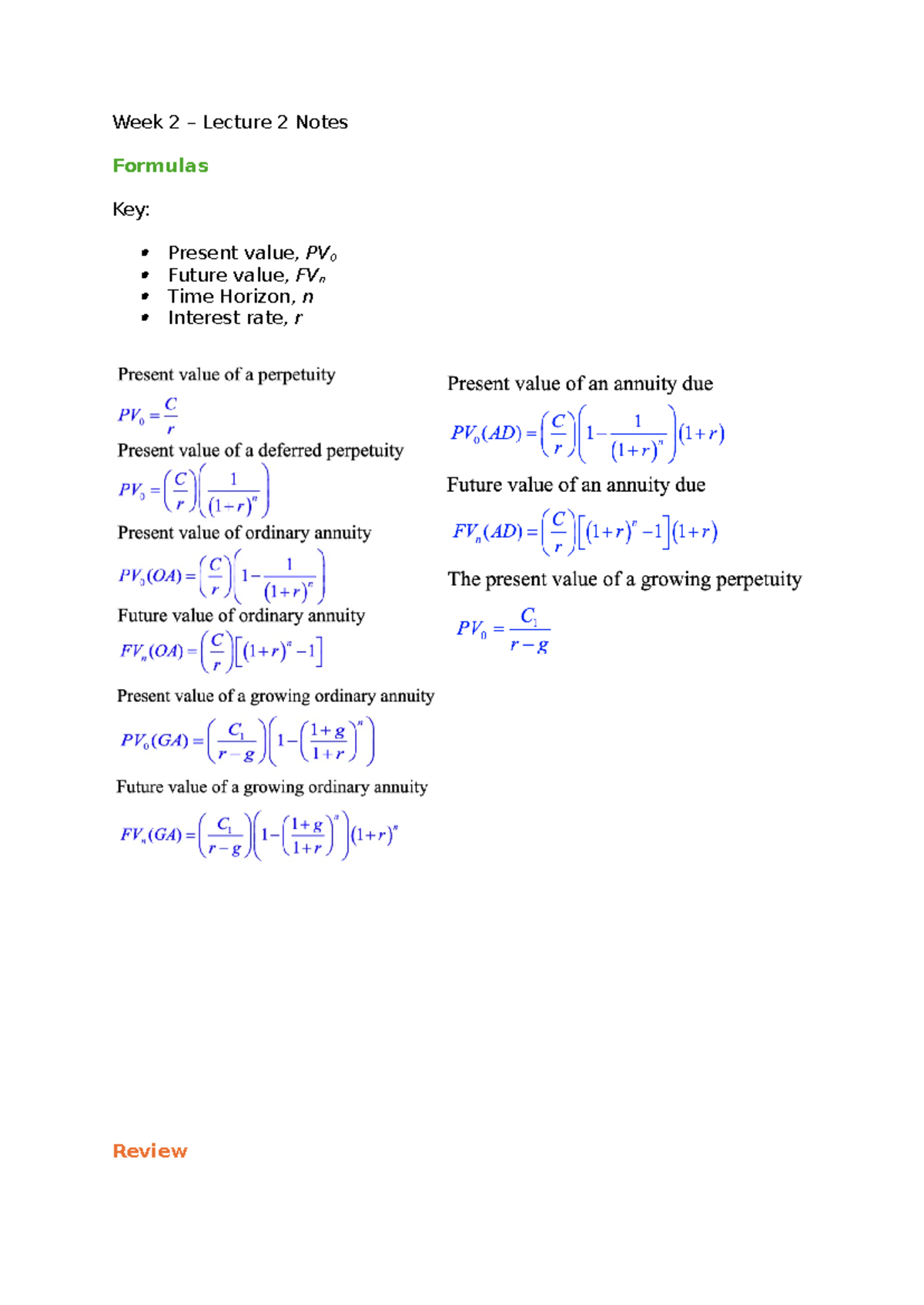 Week 2 - Lecture 2 Notes - Week 2 – Lecture 2 Notes Formulas Key ...