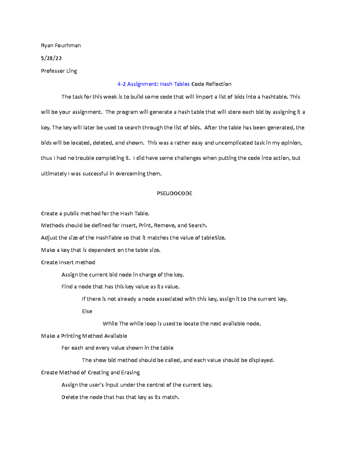 4 2 Assignment Hash Tables Ryan Fourhman 528 Professor Ling 4 2 Assignment Hash Tables Code 